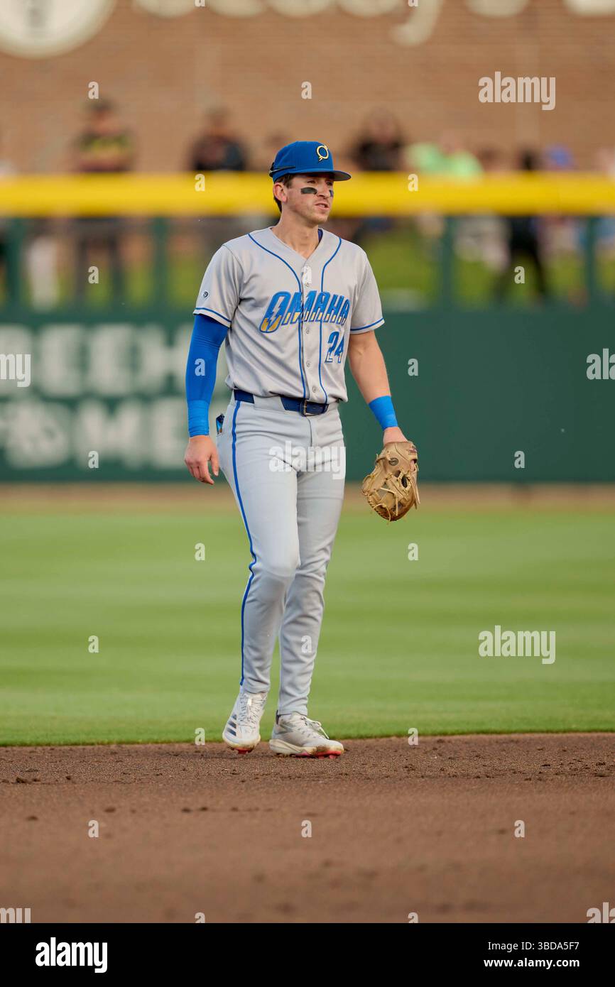 Cam Devanney (24) of the Omaha Storm Chasers on defense against the ...