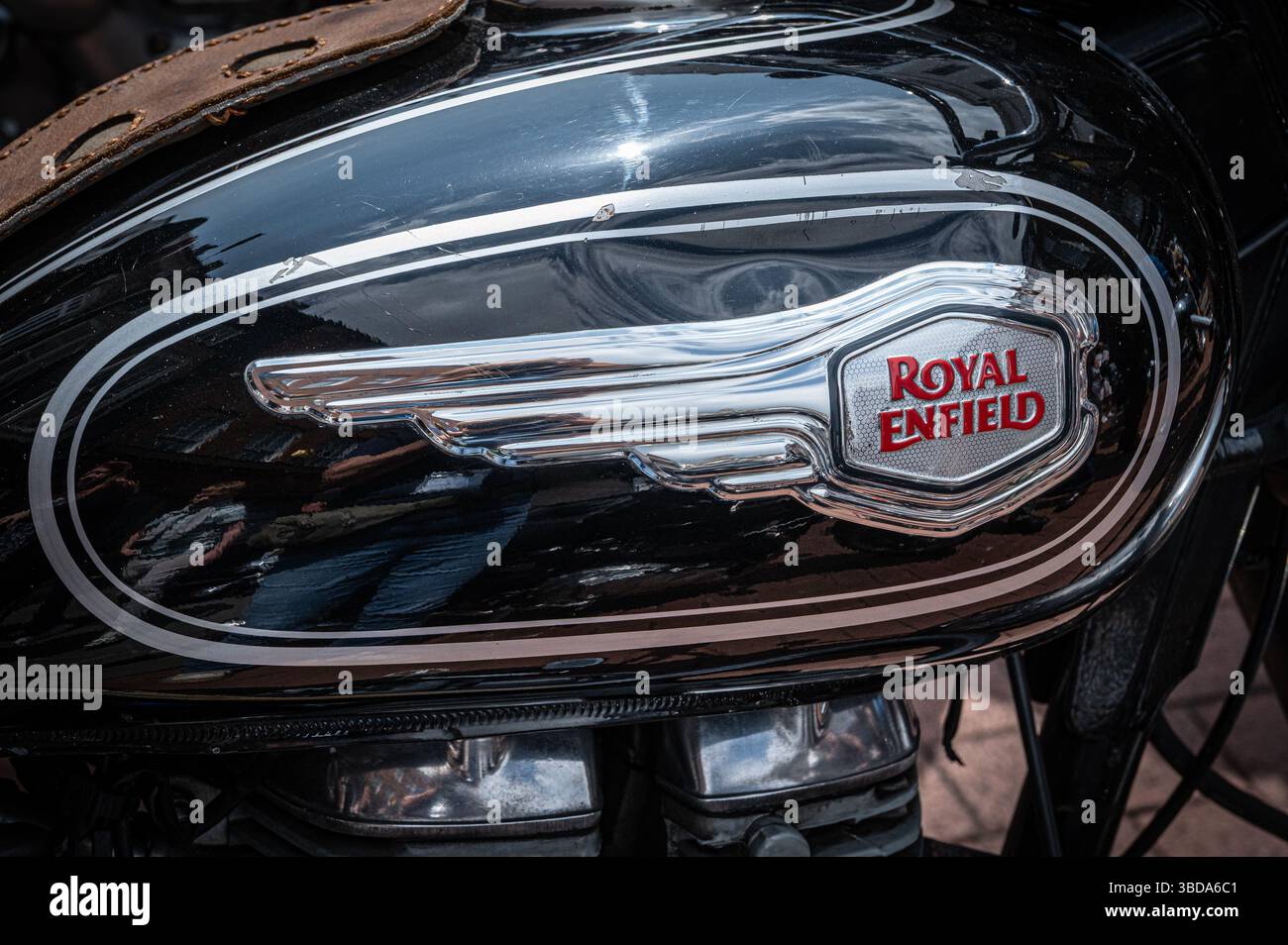 A Royal Enfield logo at the Distinguished Gentleman’s Ride ito raise funds and awareness for men ...