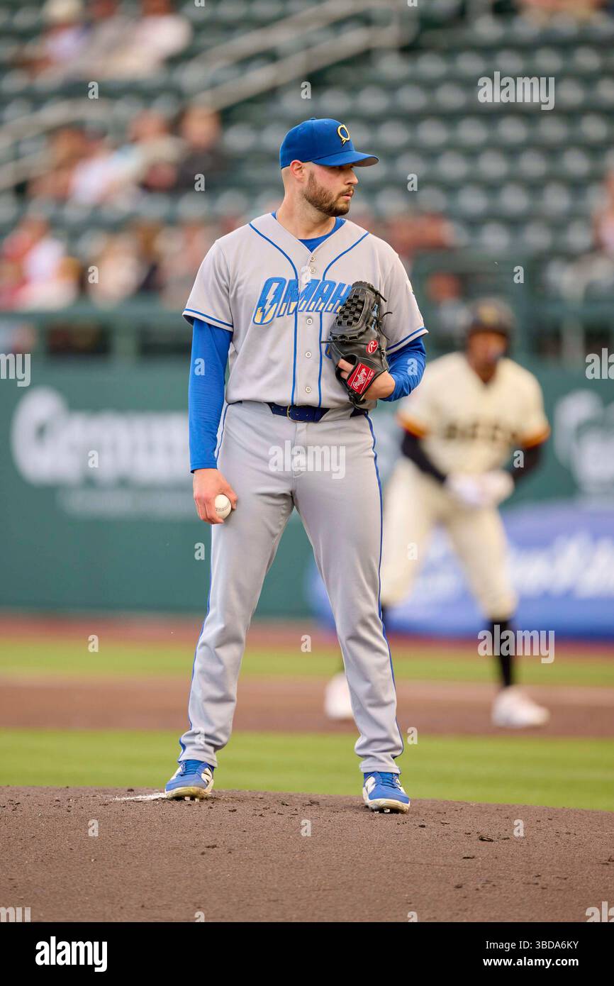 Omaha Storm Chasers starting pitcher Thomas Hatch (37) delivers a pitch ...