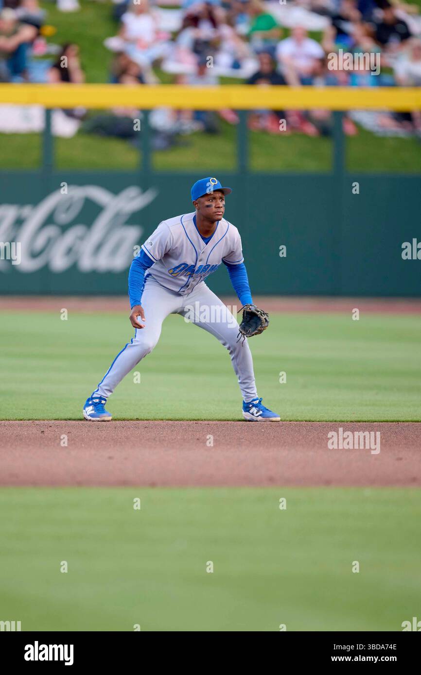 Tyler Tolbert (3) of the Omaha Storm Chasers on defense against the ...