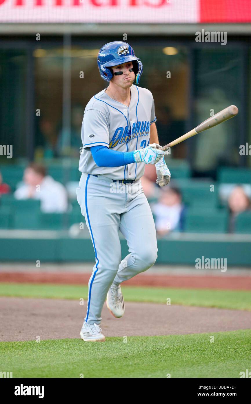 Cam Devanney (24) of the Omaha Storm Chasers rounds the bases after ...