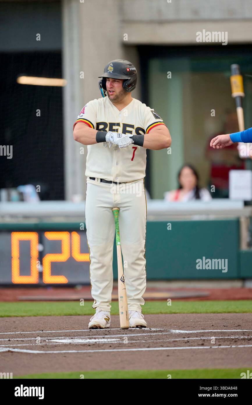 Niko Kavadas (7) of the Salt Lake Bees at bat against the Omaha Storm ...