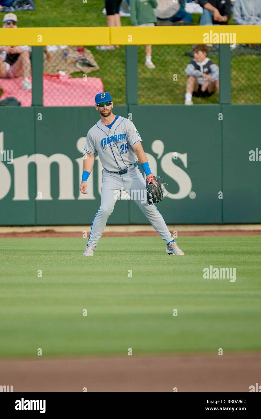 Tyler Gentry (28) right fielder of the Omaha Storm Chasers on defense ...