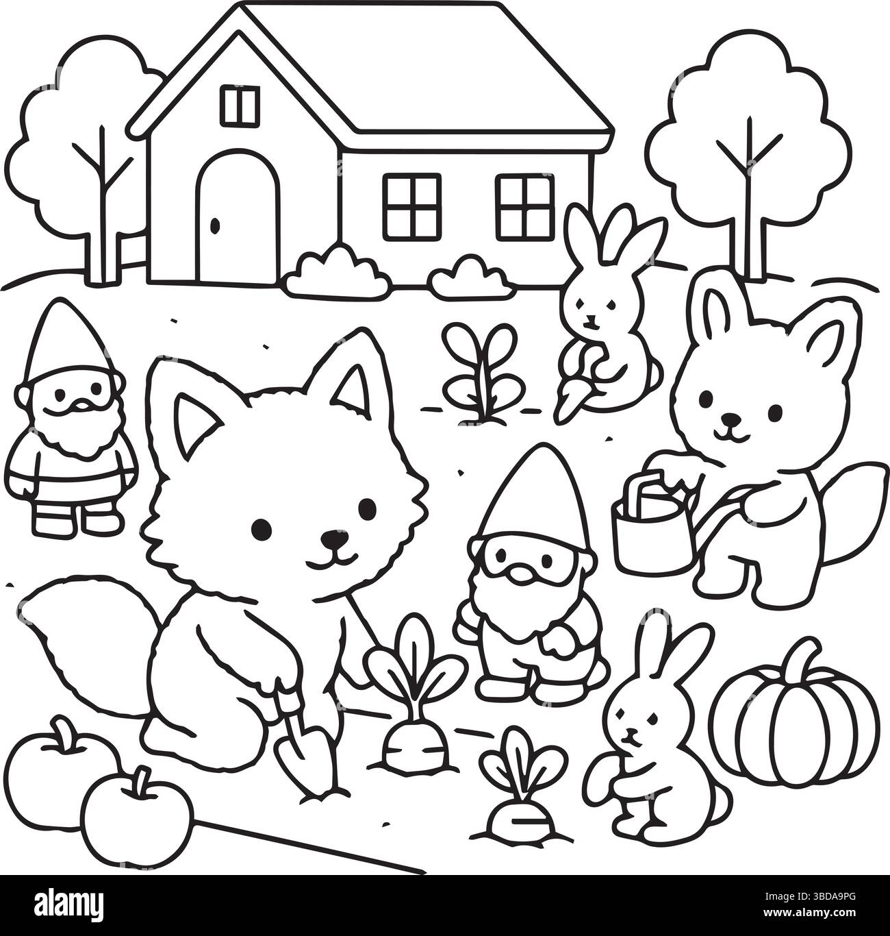 A black and white drawing of a fox, rabbits, gnomes, and a house Stock ...