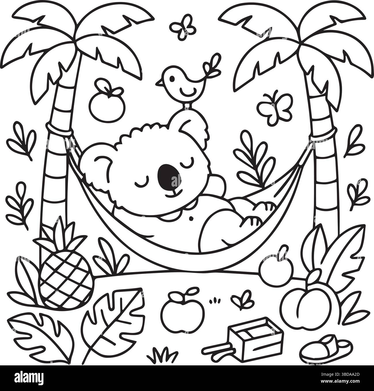 A koala bear is peacefully sleeping in a hammock alongside a bird Stock ...