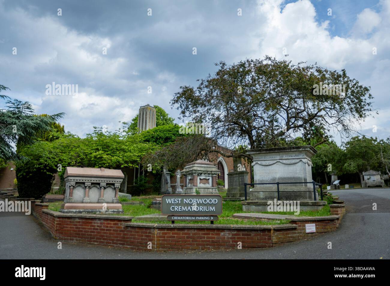 LONDON, ENGLAND - 23rd May 2025. A sign for West Norwood Crematorium in ...