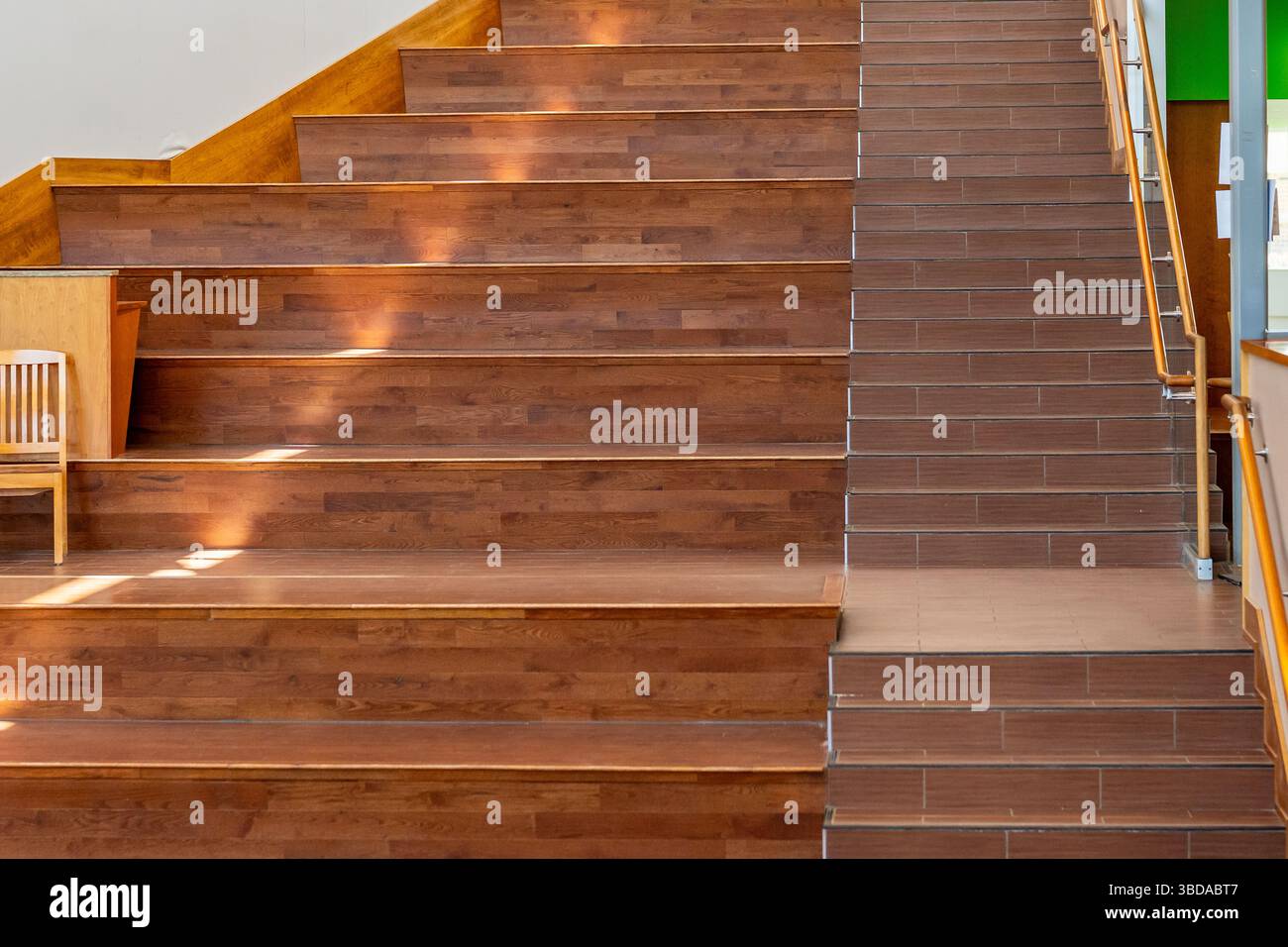 Wooden stadium, stepped seating area with staircase integrated into the ...