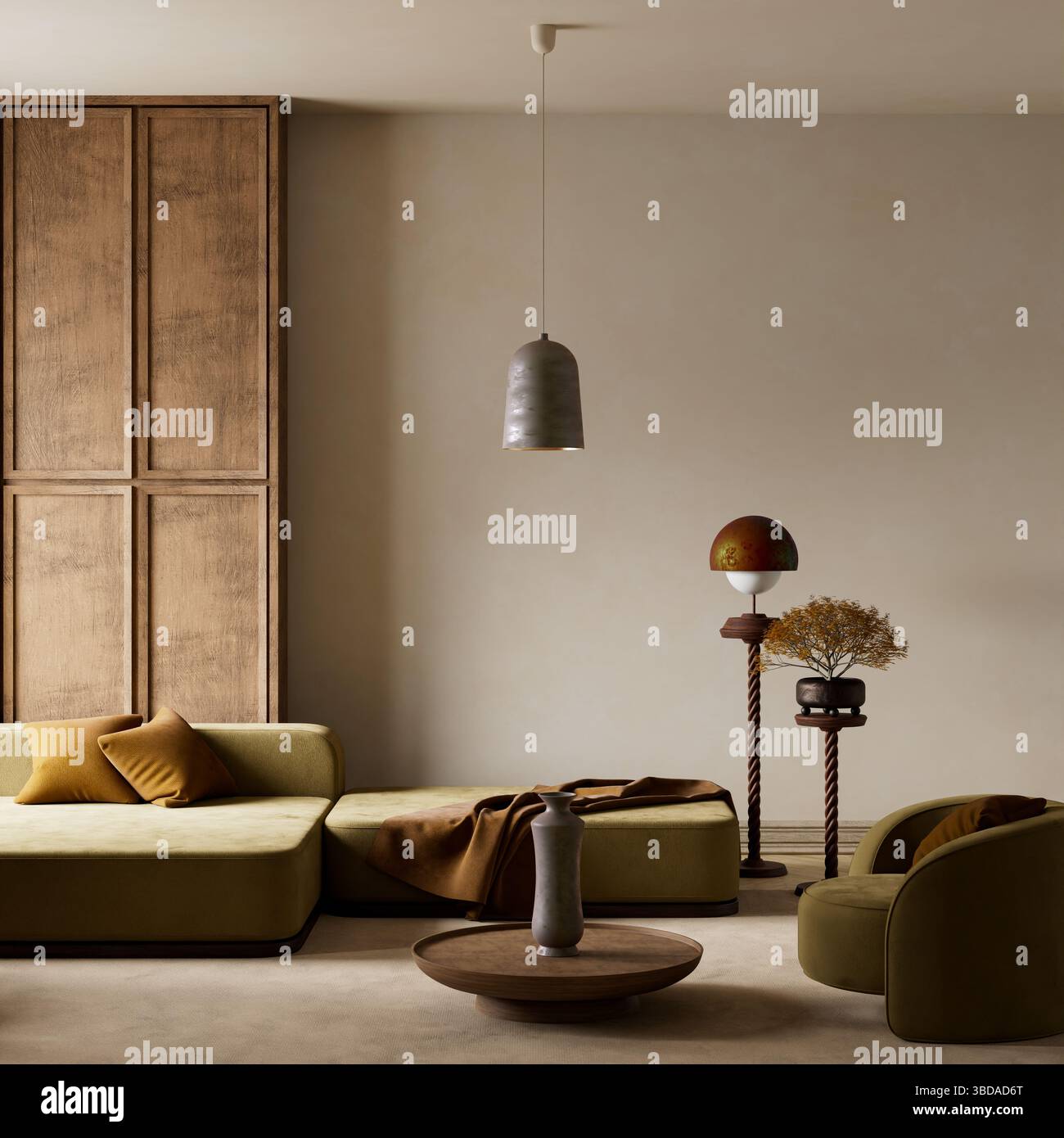 A minimalist living space with olive-green seating, warm wooden accents ...