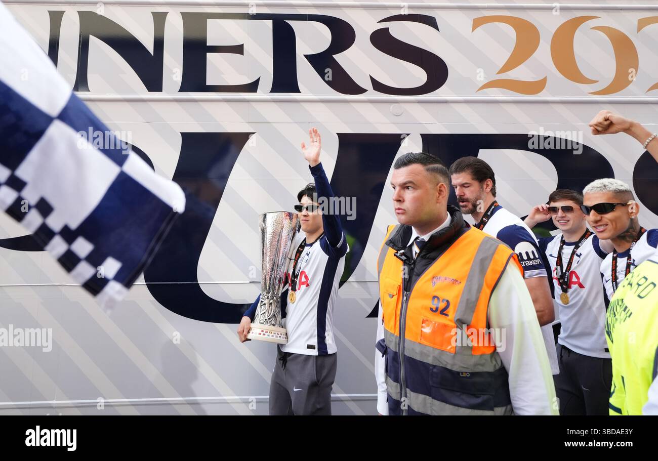 Tottenham Hotspur's Son Heung-Min with the trophy during the Europa ...