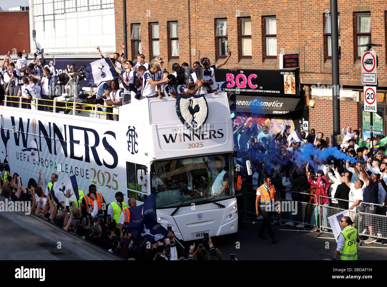 Tottenham Hotspur players on a bus during the Europa League winners ...