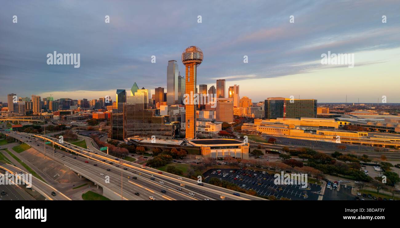 Aerial view of Downtown Dallas skyline and Reunion tower landmark under ...