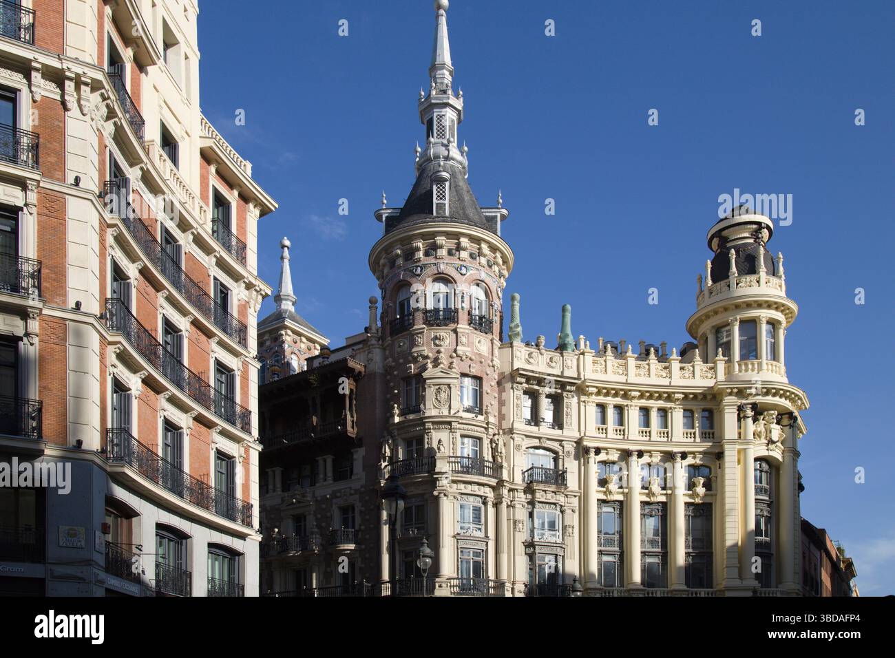 Spain, Madrid, Gran Via, street scene, architecture, people Stock Photo ...