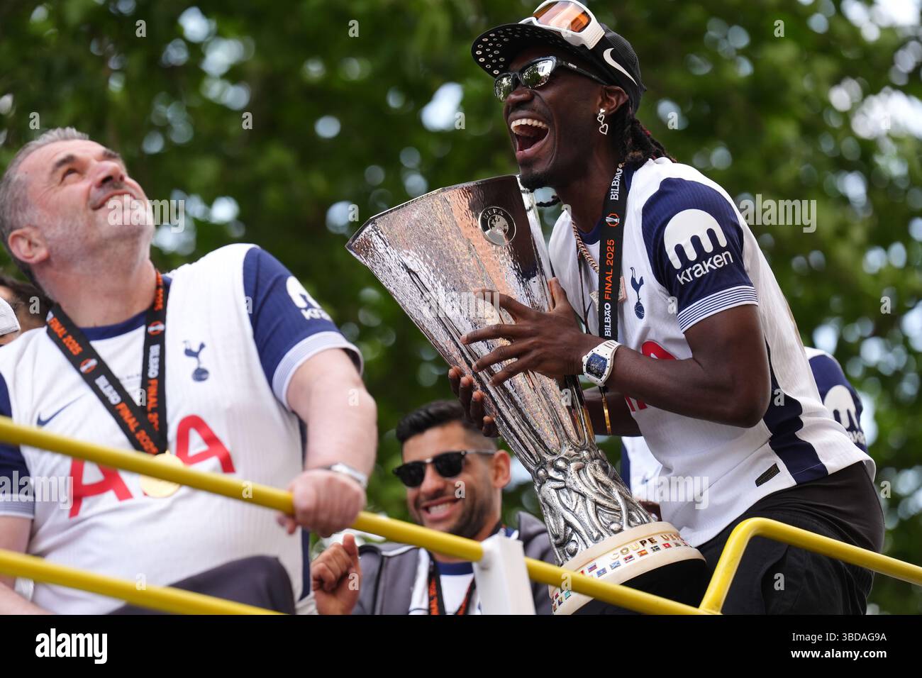 Tottenham Hotspur's Yves Bissouma and manager Ange Postecoglou with the ...