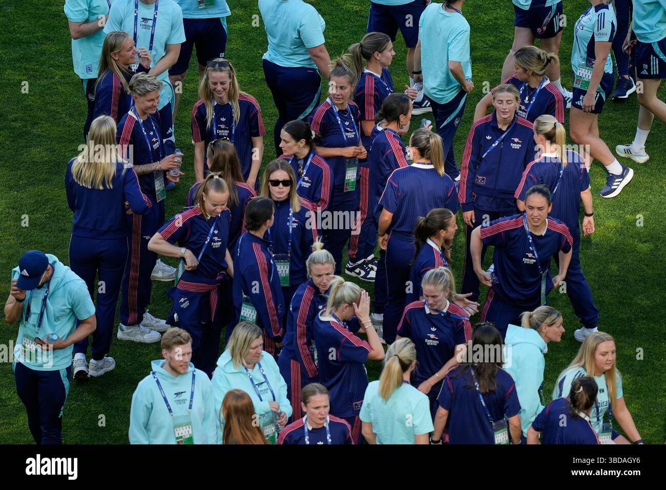 Arsenal players gather at the pitch on the eve of the women's Champions ...