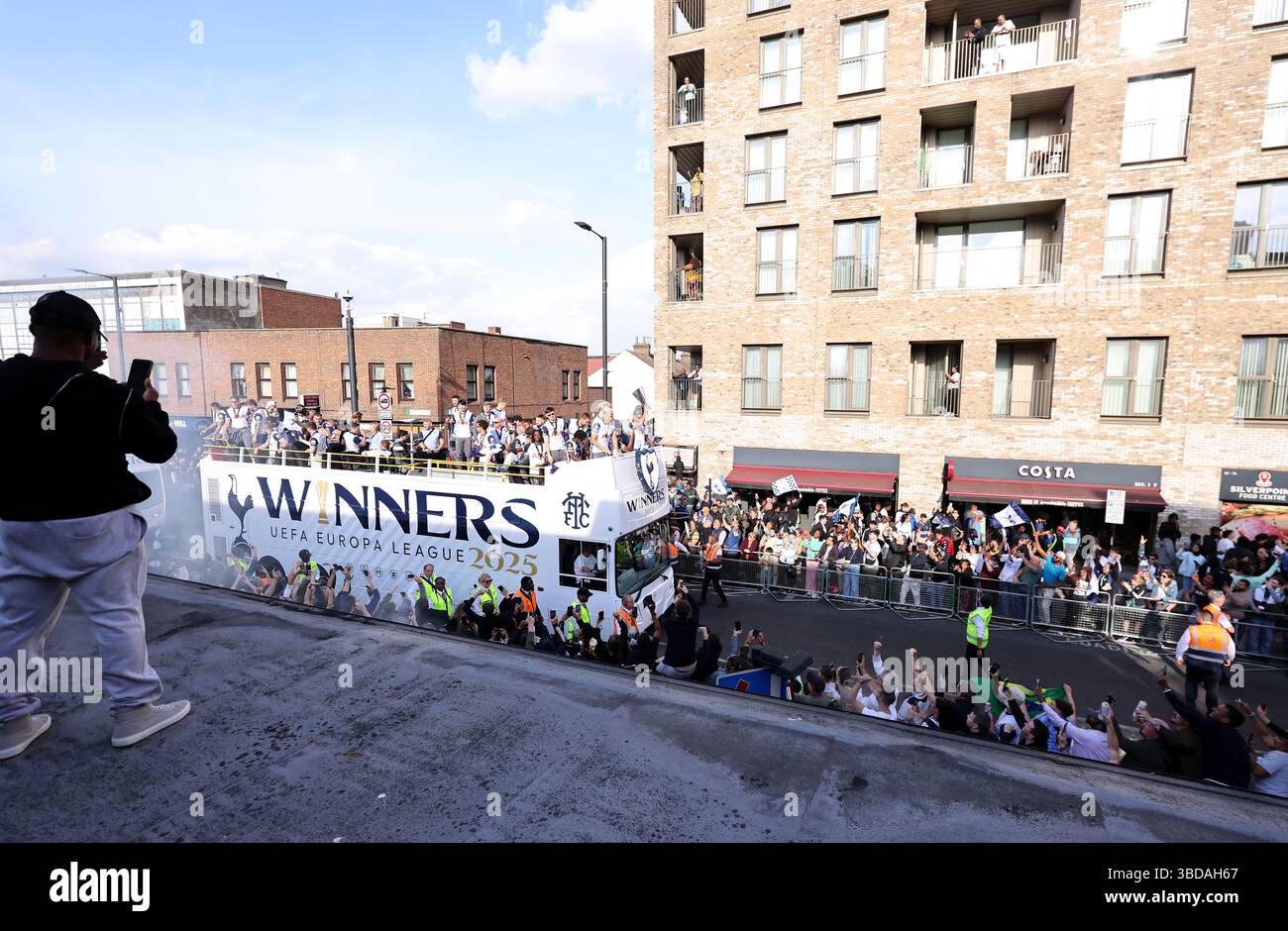Tottenham Hotspur players on the open-top team bus during the Europa ...