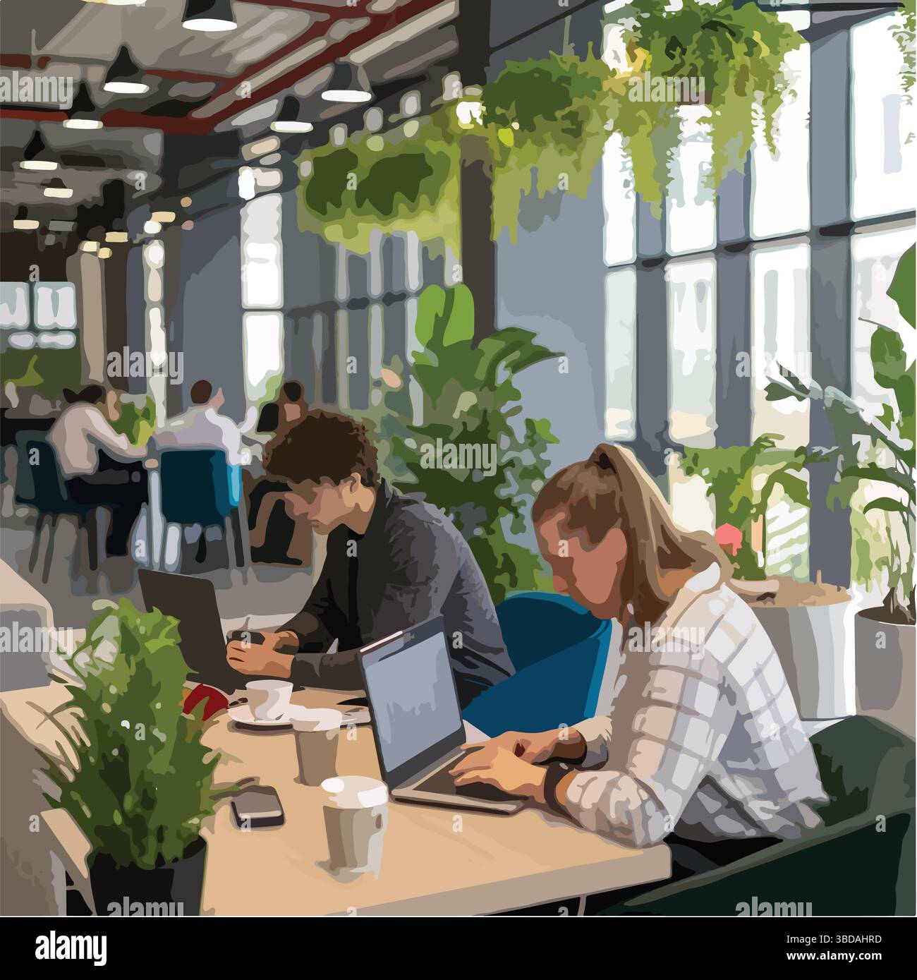 Modern collaborative office workspace with greenery, open seating, and ...
