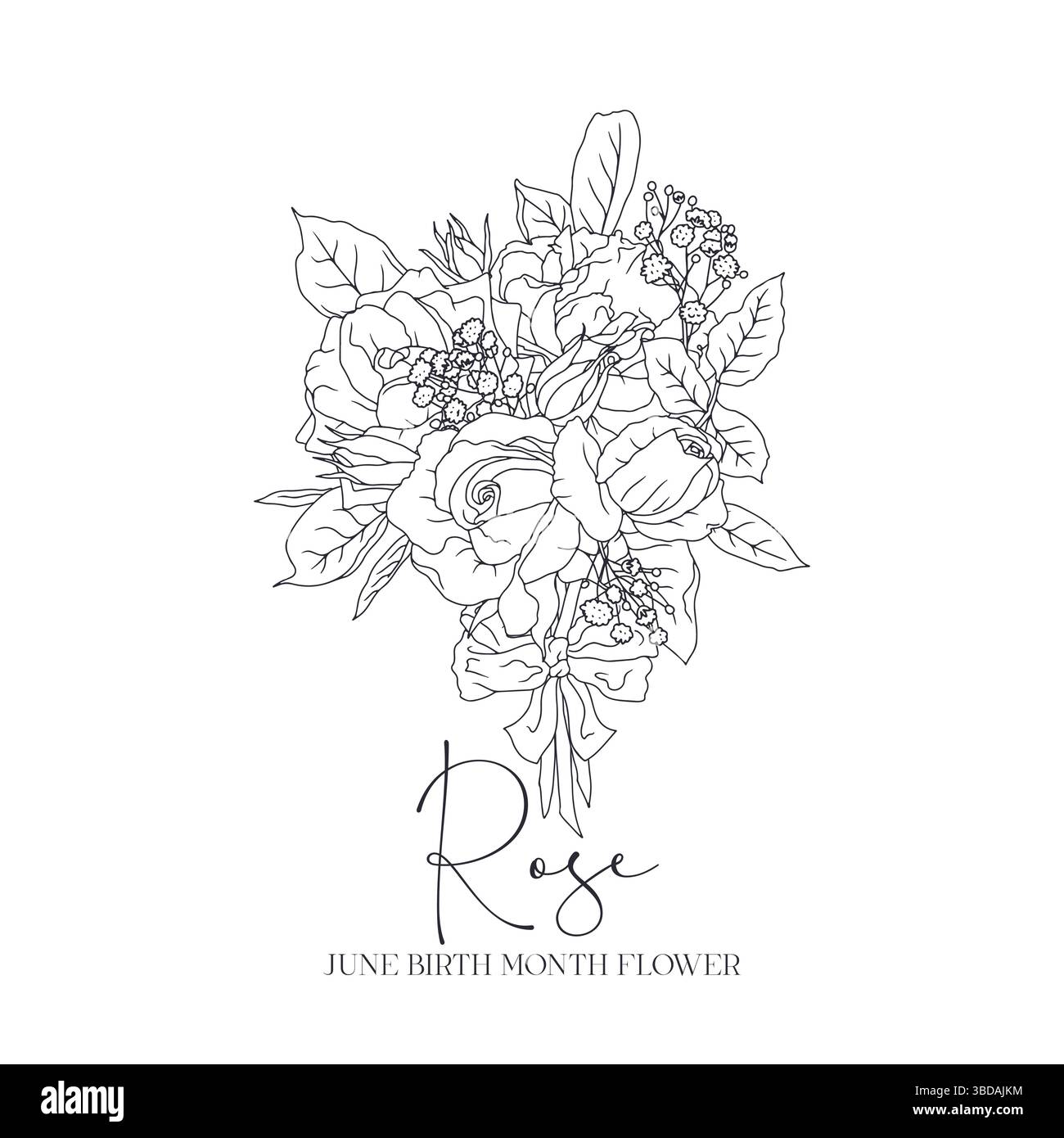 Hand drawn line art retro palette roses bouquet with text june month ...