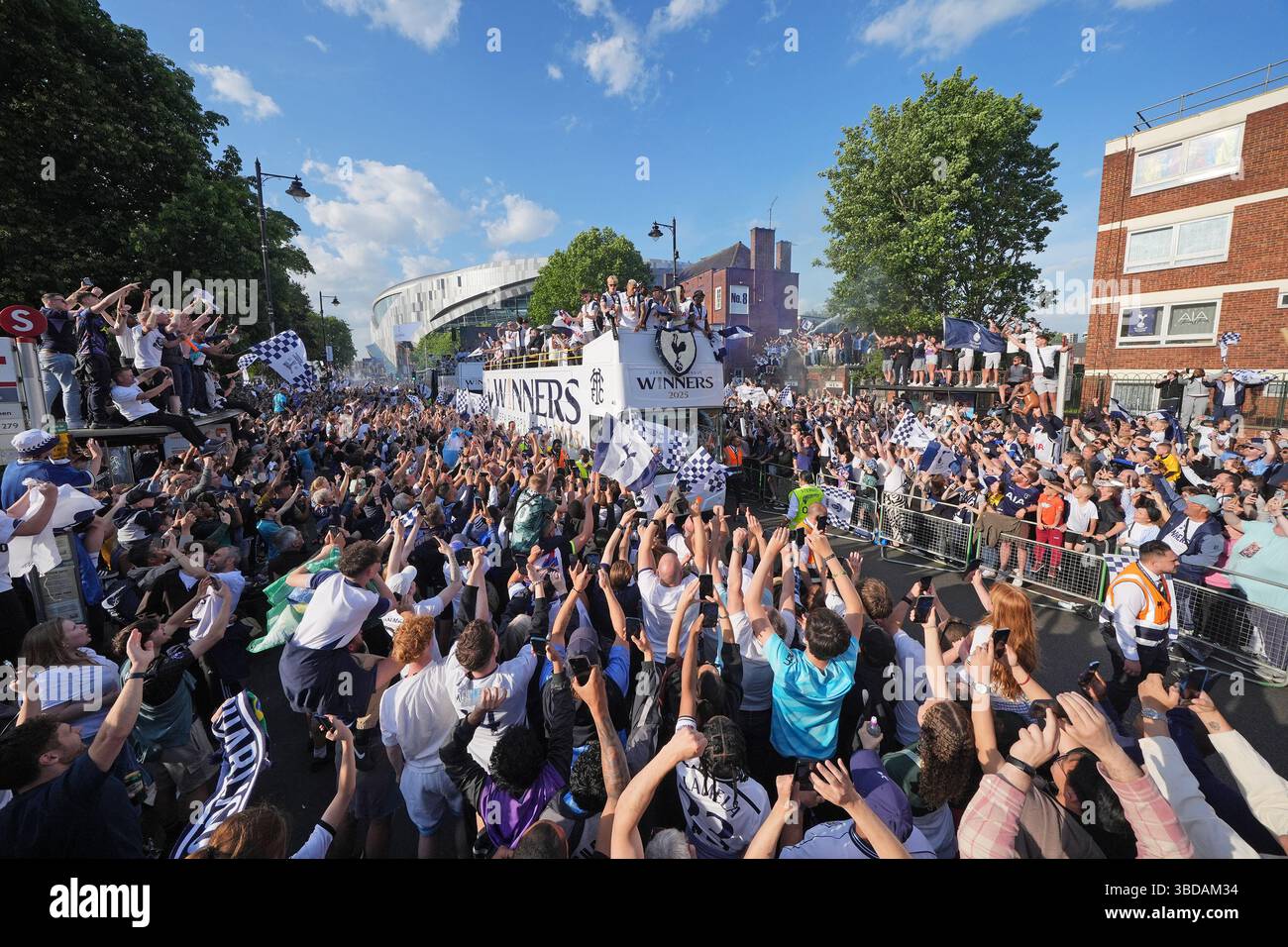 Tottenham Hotspur players on the open-top team bus during the Europa ...