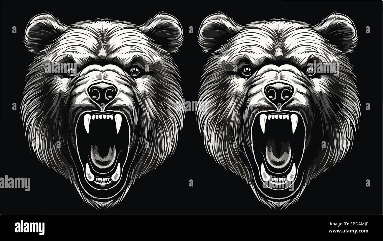 Vintage-style illustration of two roaring bear heads facing forward on ...