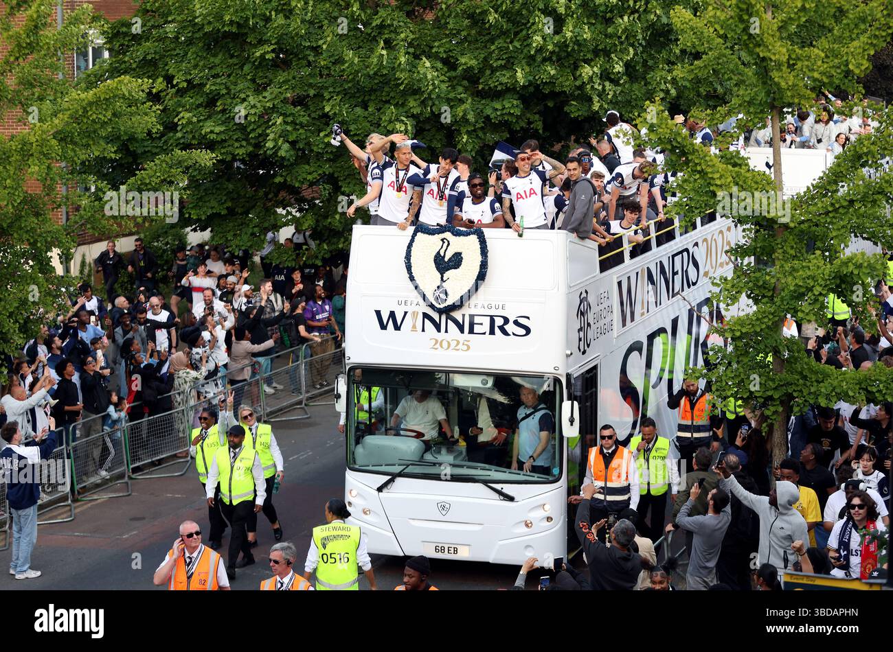 Tottenham Hotspur's Richarlison and Son Heung-Min on the open-top team ...