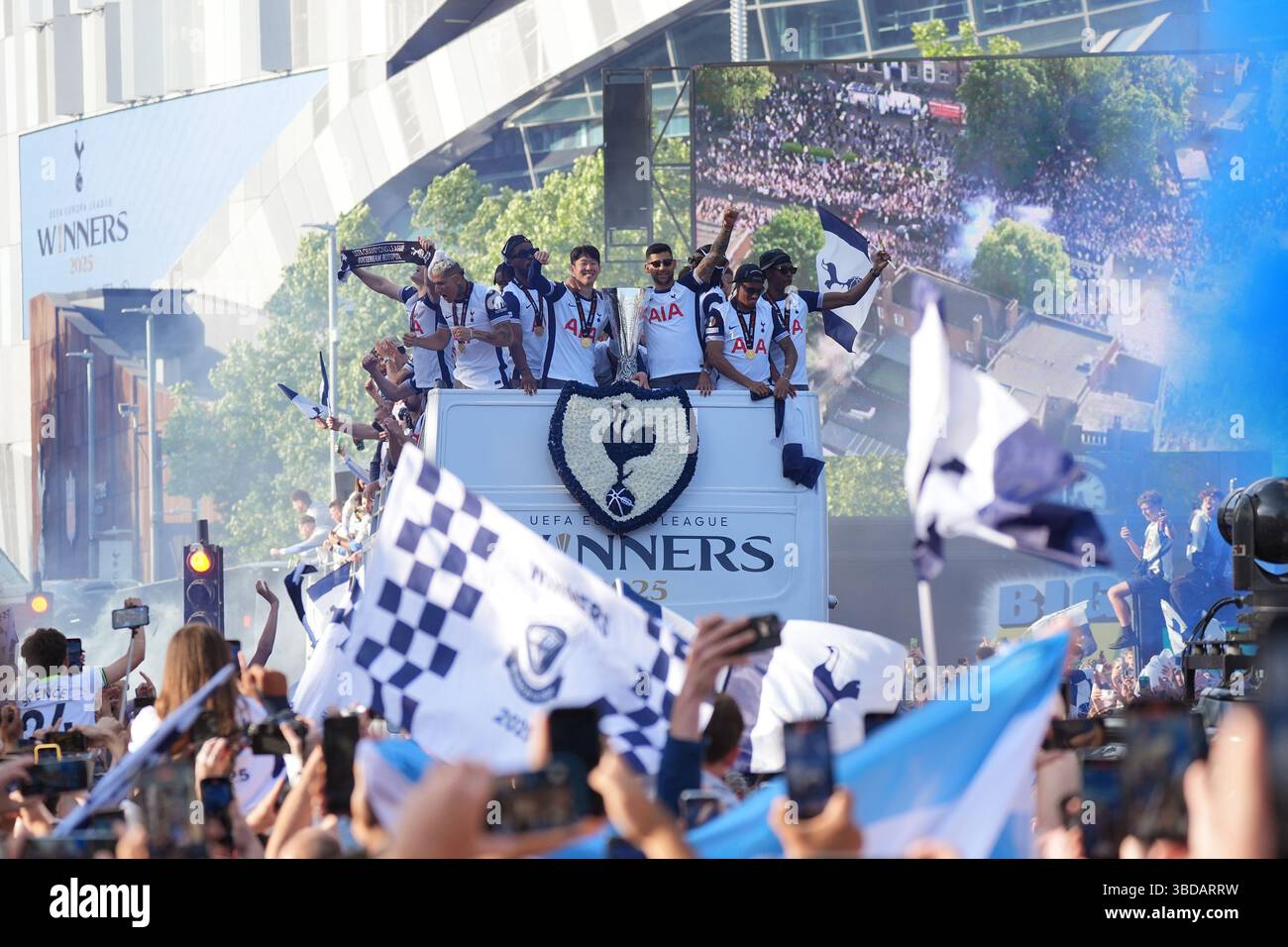 Tottenham Hotspur players on the open-top team bus during the Europa ...