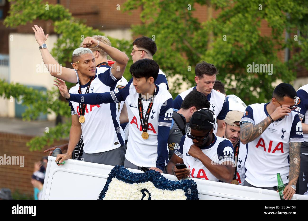 Tottenham Hotspur's Richarlison and Son Heung-Min on the open-top team ...