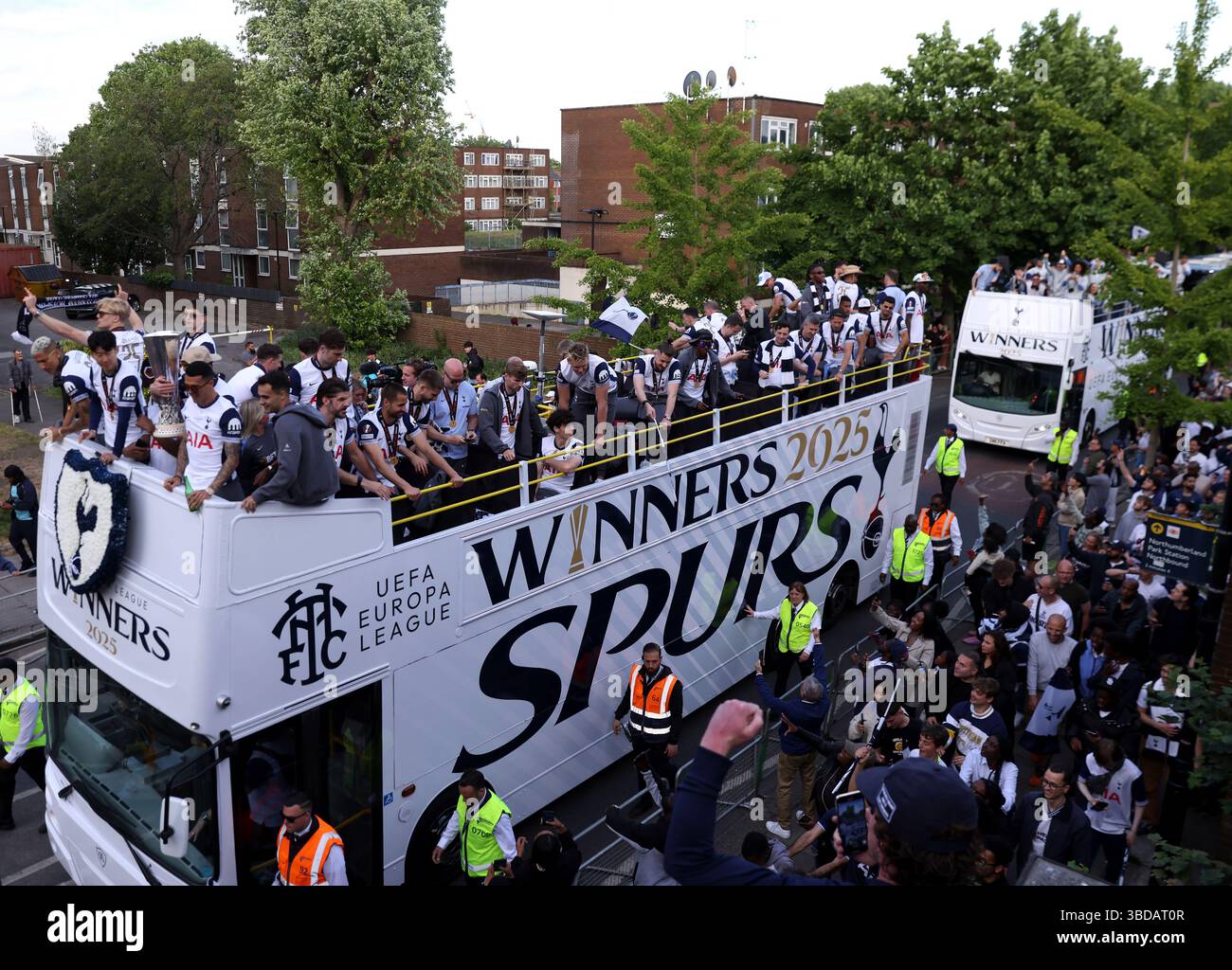 Tottenham Hotspur players on a bus during the Europa League winners ...