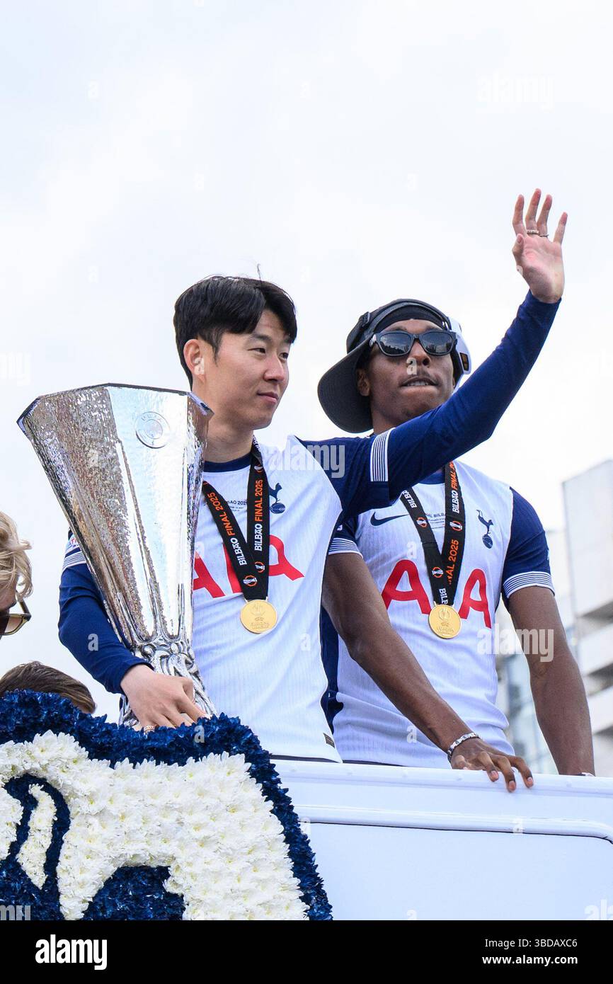 London, UK. 23 May 2025. Tottenham Hotspur players (l-r) Son Heung-Min ...