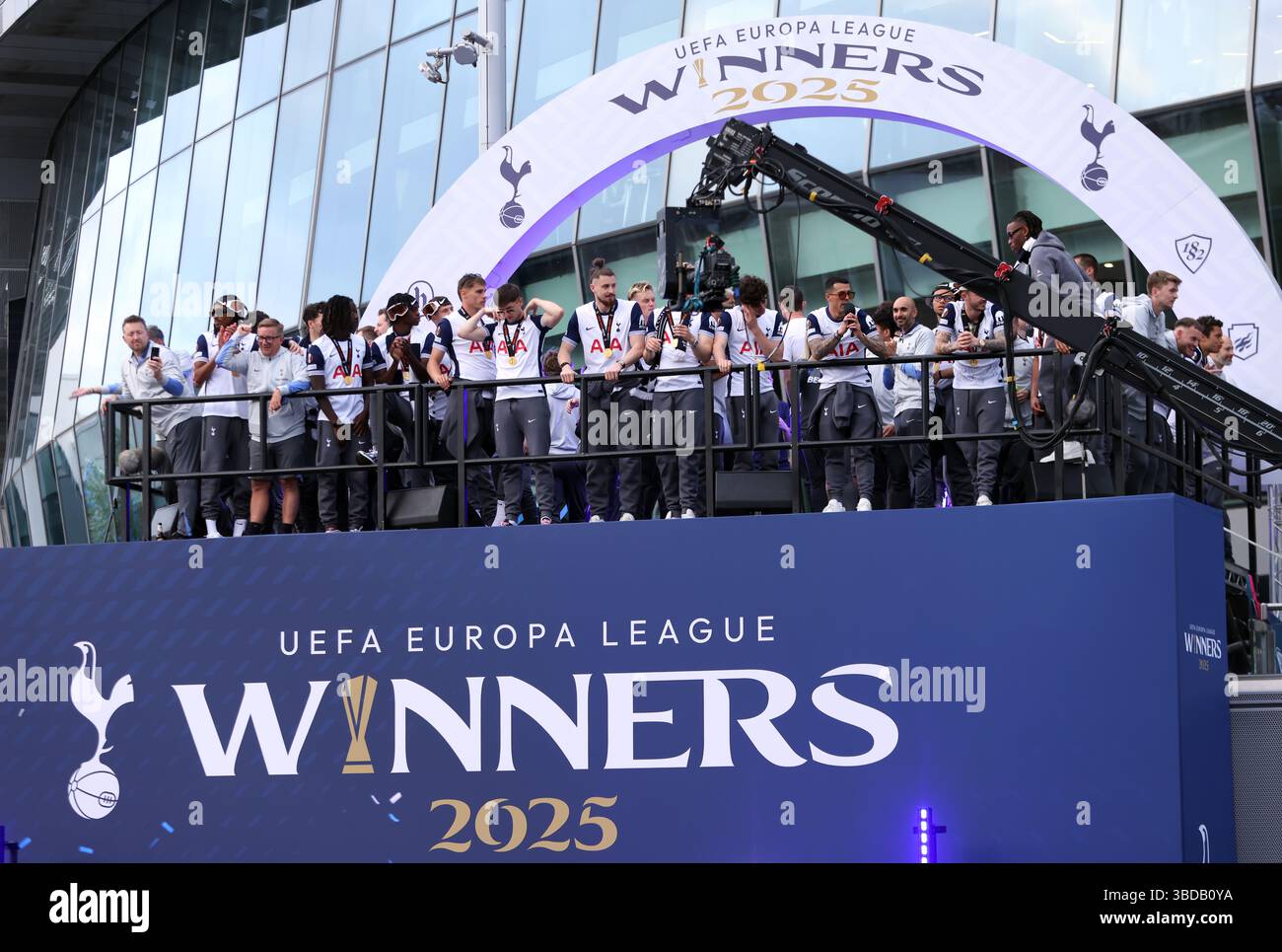 Tottenham Hotspur players on stage during the Europa League winners ...