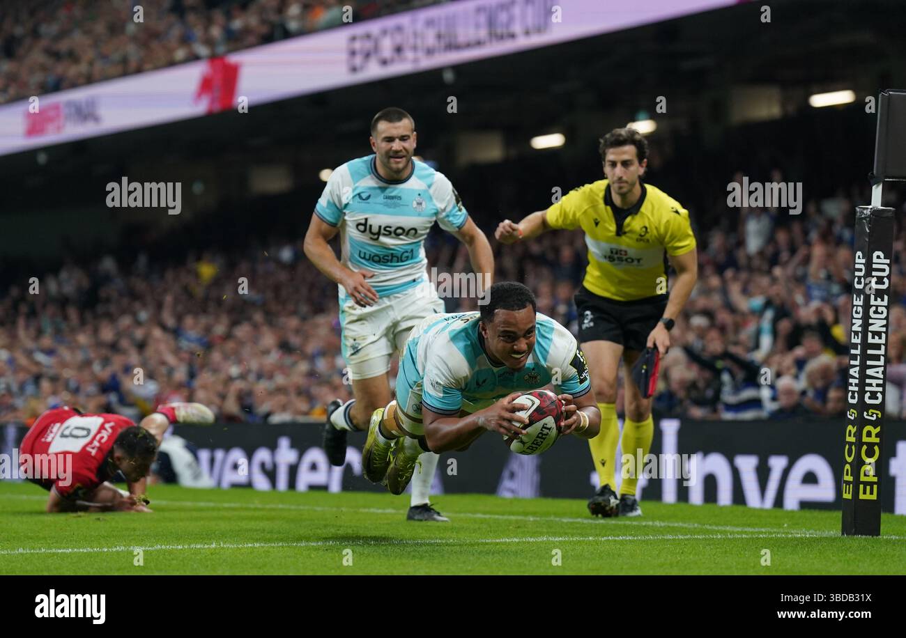 Bath's Max Ojomoh scores their side's second try during the EPCR ...