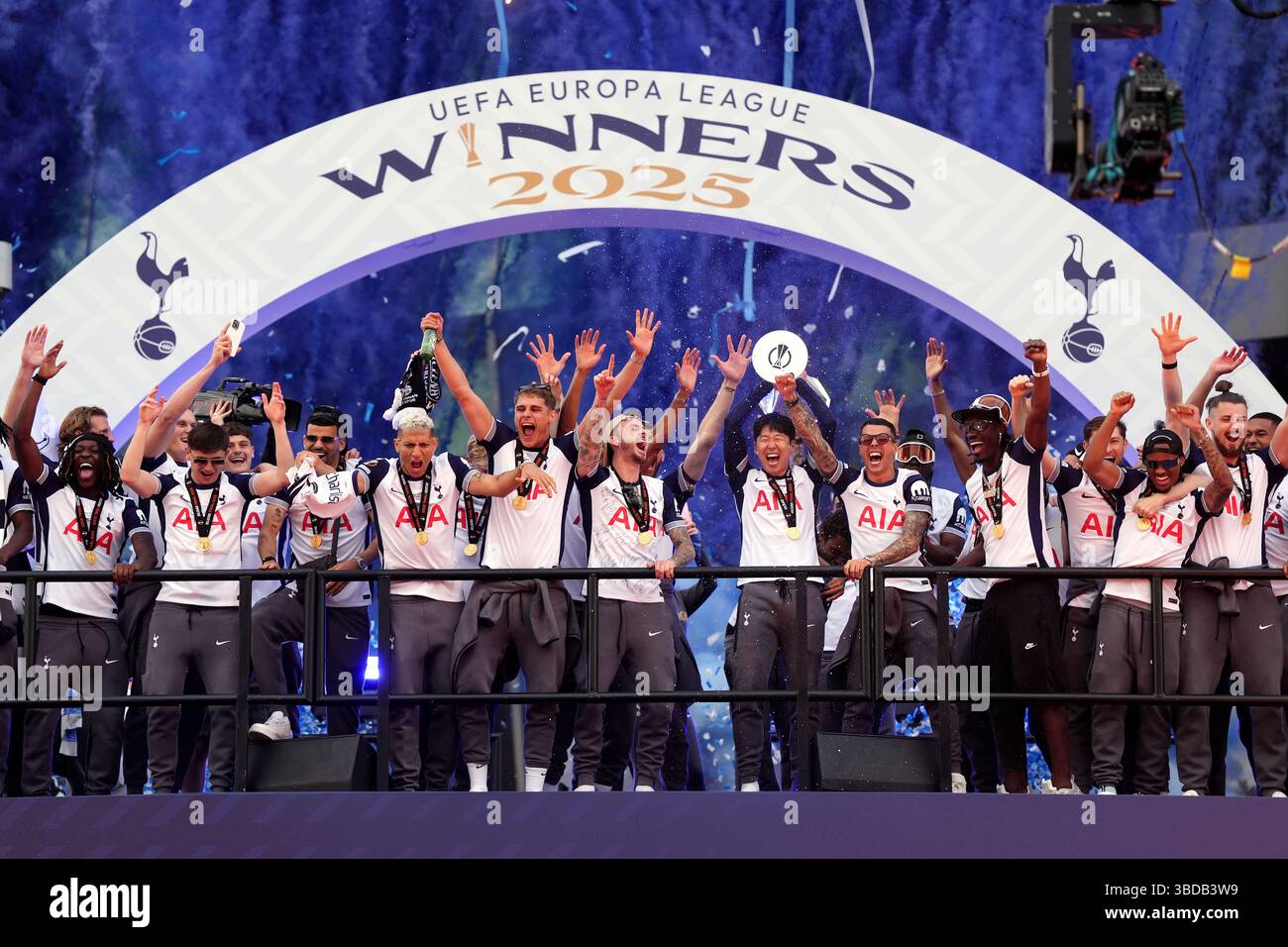 Tottenham Hotspur's Son Heung-Min with the trophy on stage during the ...