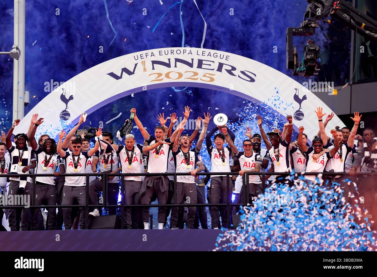 Tottenham Hotspur's Son Heung-Min with the trophy on stage during the ...