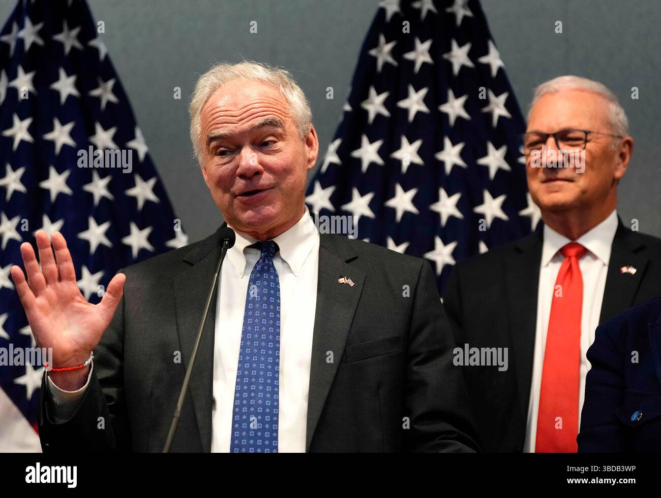 U.S. Senator Tim Kaine, left, and Sen. Kevin Cramer participate in a ...