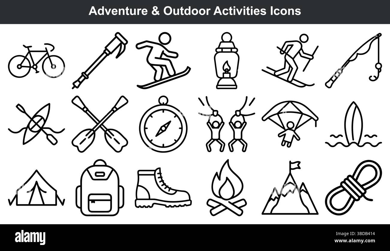 Adventure and outdoor activities line icons set Stock Vector Image ...