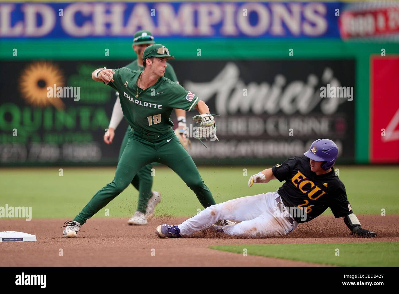 Charlotte 49ers third baseman Dawson Bryce (18) turns a double play as ...