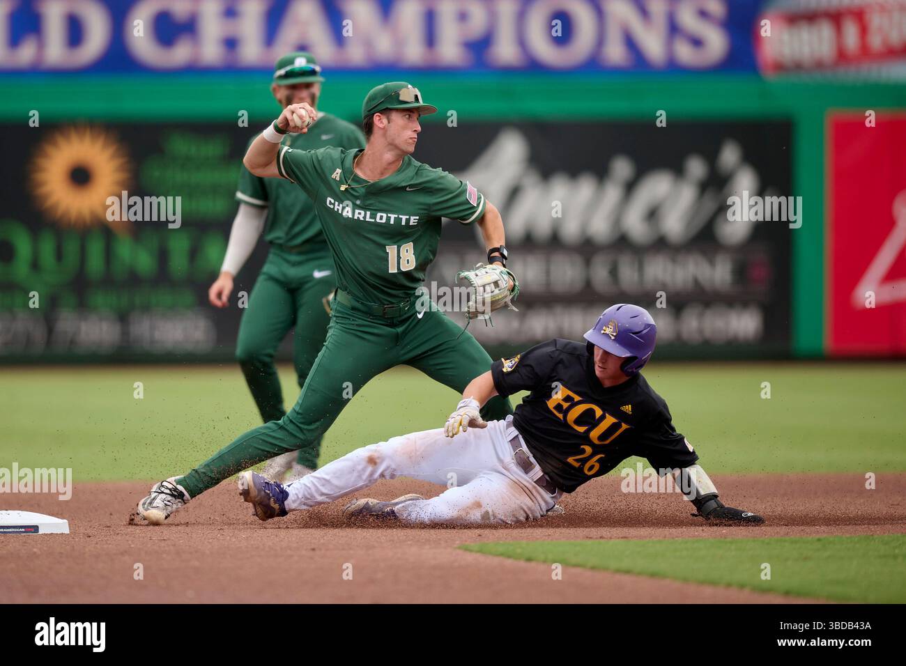 Charlotte 49ers third baseman Dawson Bryce (18) turns a double play as ...