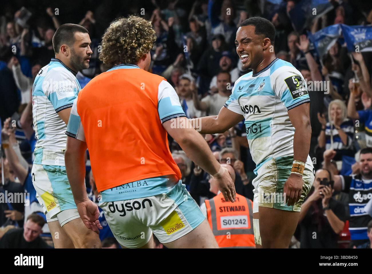 Cardiff, UK. 23rd May, 2025. Max Ojomoh of Bath celebrates his try ...