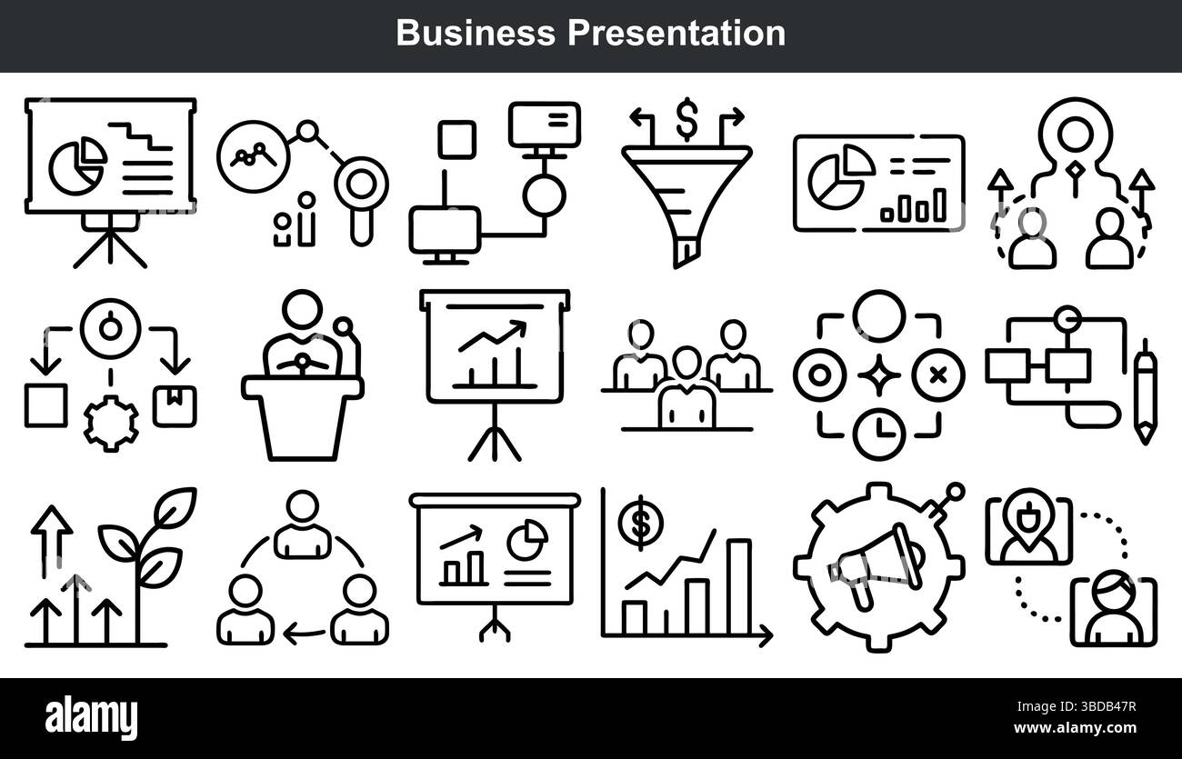 Business presentation icons set strategy planning marketing growth ...