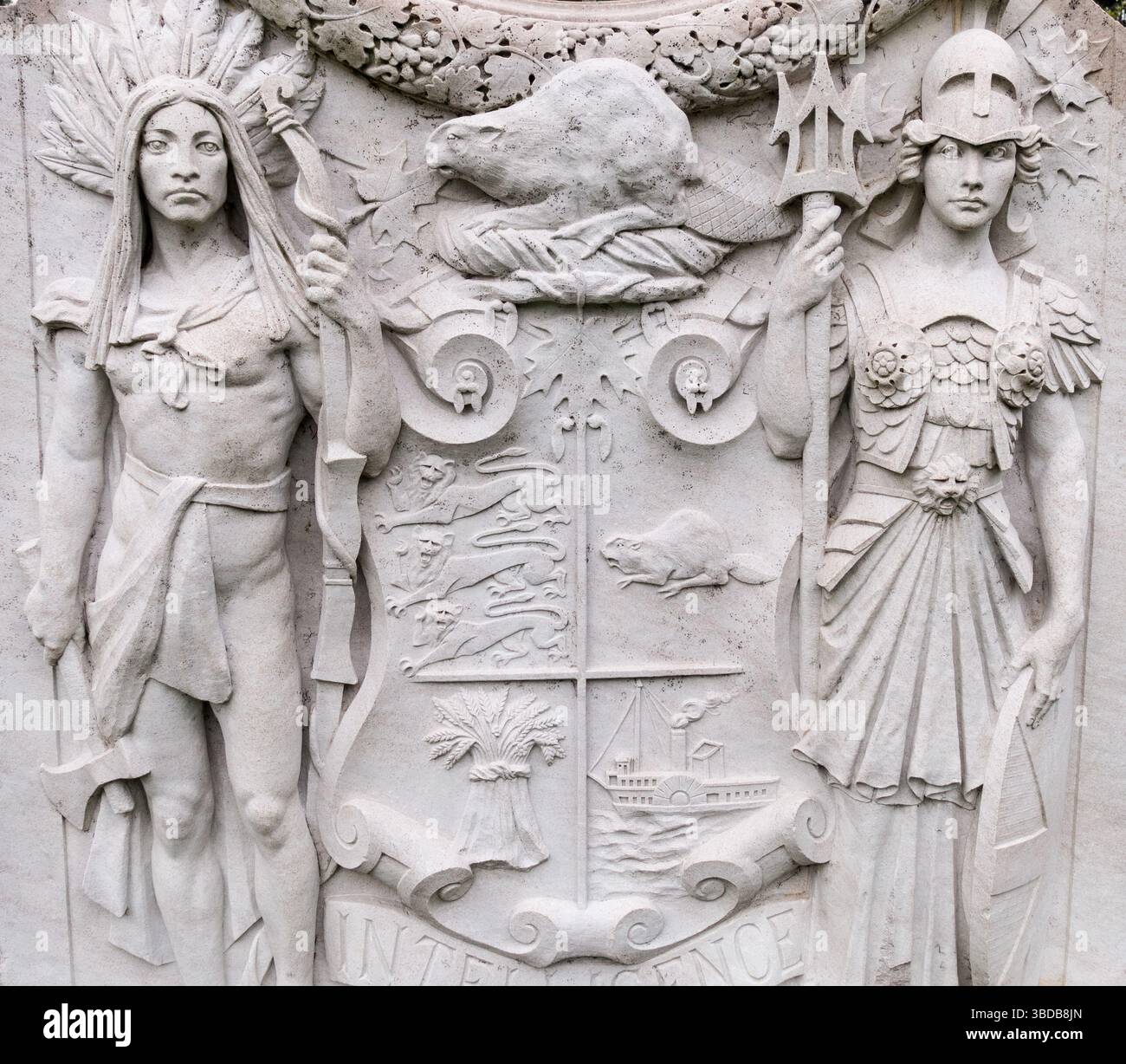 A sculpture of Toronto's coat of arms featuring a Native Canadian and a ...