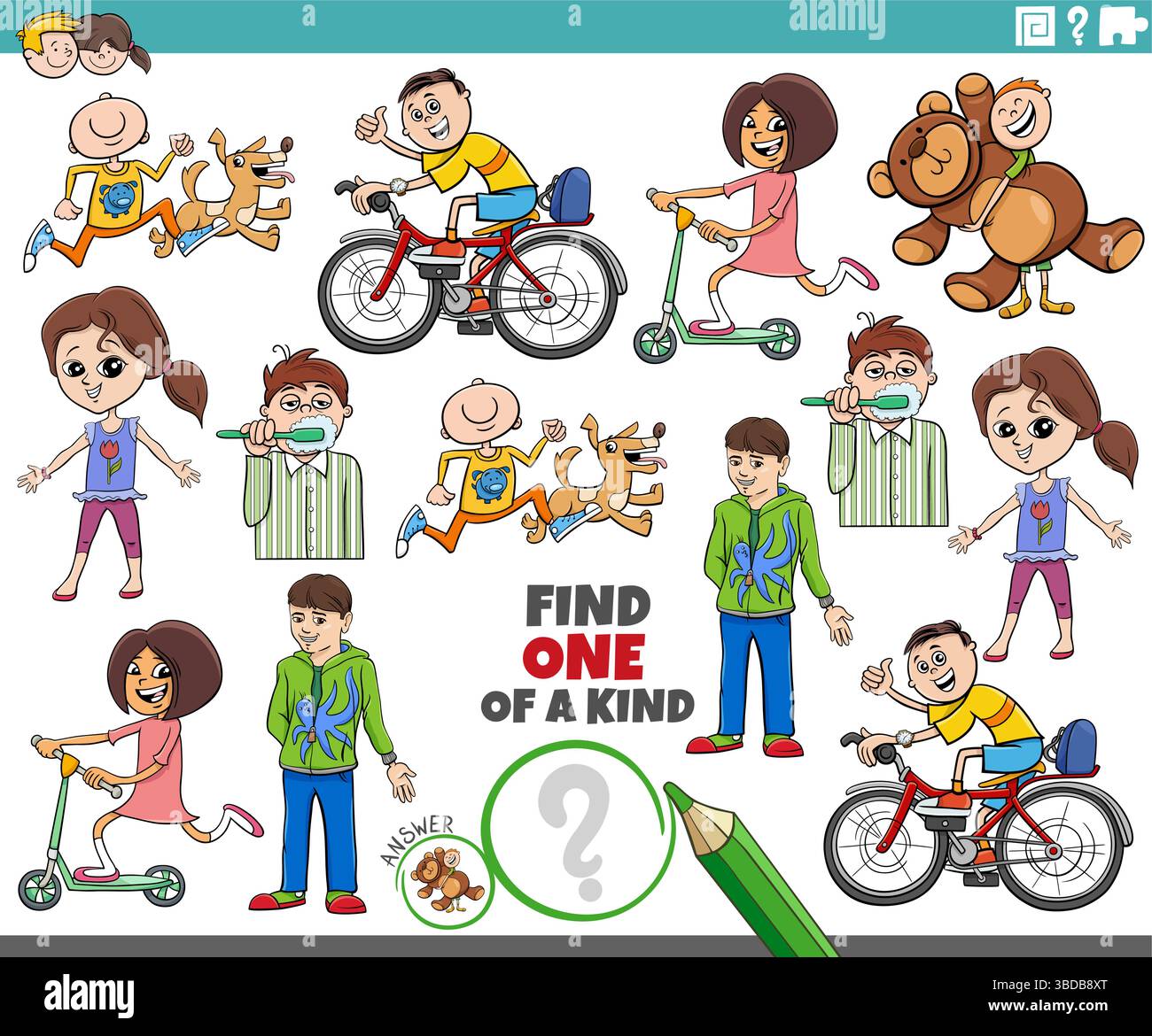 Cartoon illustration of find one of a kind picture puzzle with children ...