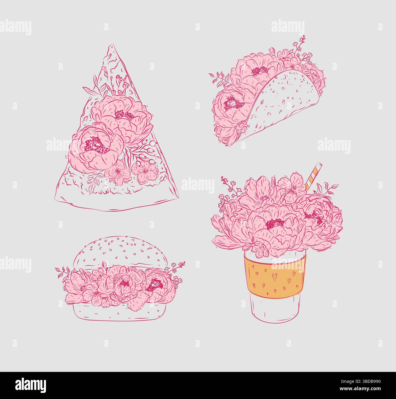 Food floral illustrations slice of pizza, taco, burger, take away ...