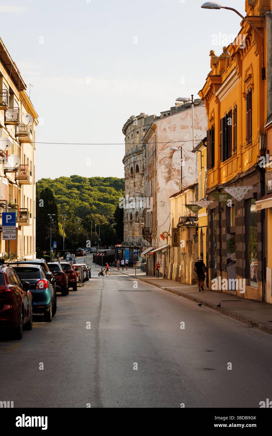 Pula, Croatia - August 22, 2024: Pula, Street in front of Pula Arena ...