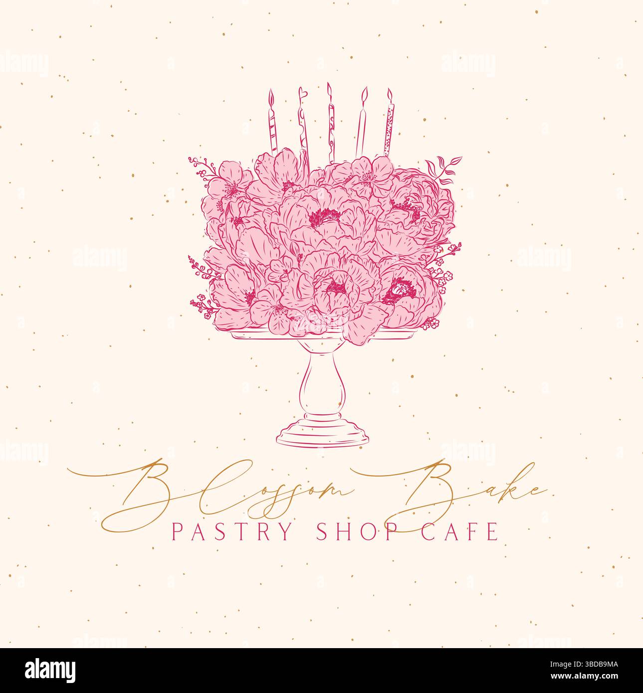 Pastry shop cafe label design with lettering floral cone drawing in ...