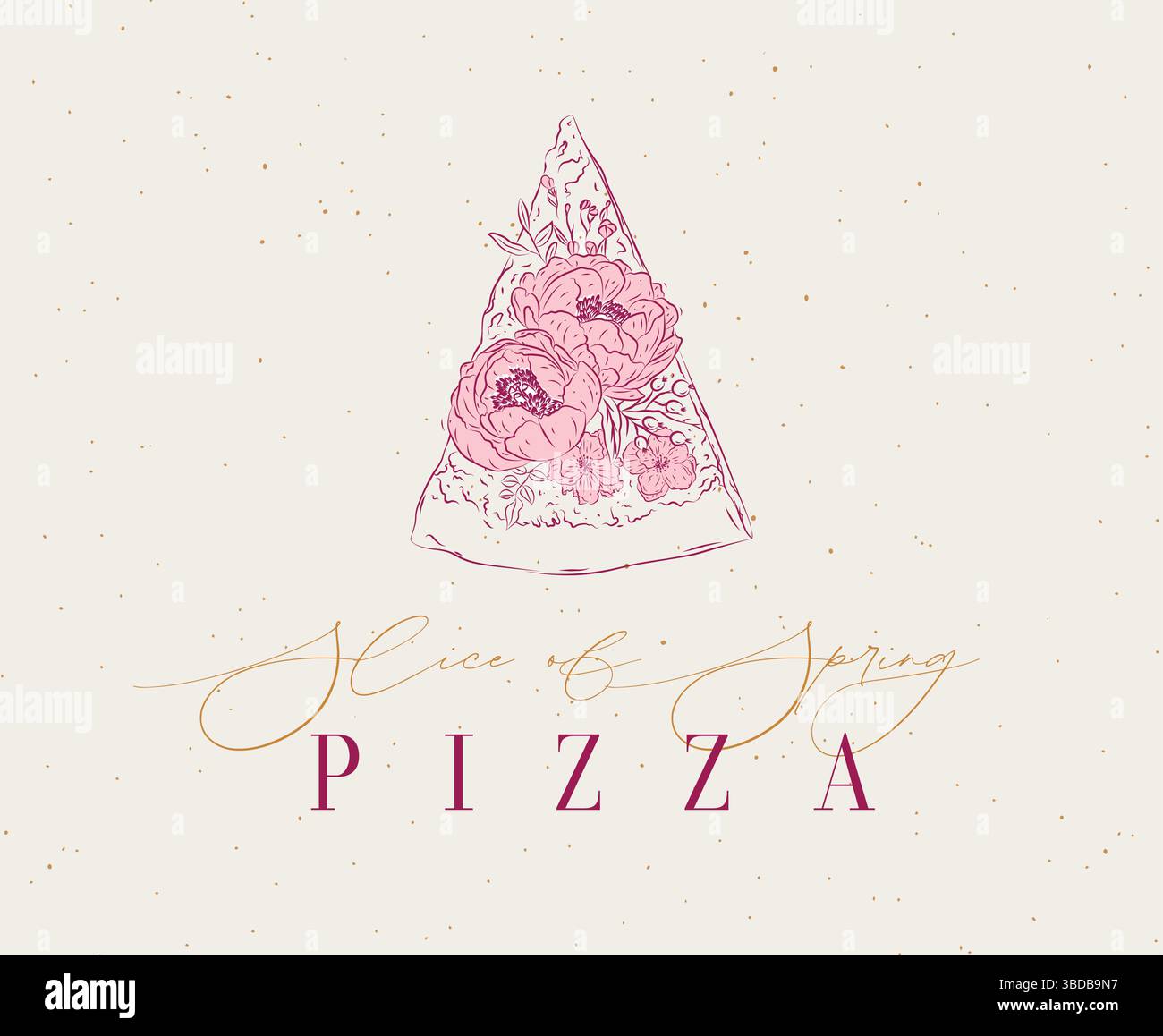 Pizza label design with lettering slice of spring drawing in floral ...