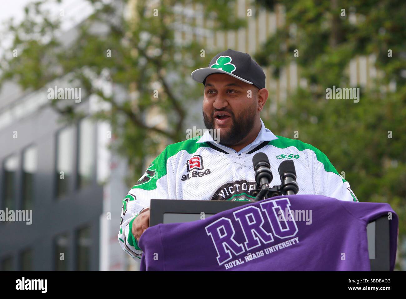 Langford, Can. 23rd May, 2025. Minister Ravi Parmar talks during a ...