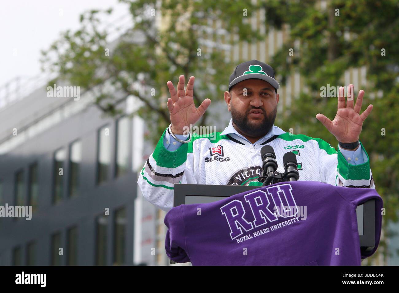 Langford, Can. 23rd May, 2025. Minister Ravi Parmar talks during a ...