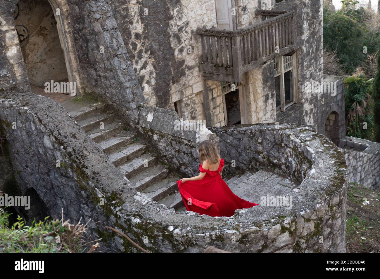 Woman Red Dress Chateau de Mirambeau Ruins Photography France Stock ...