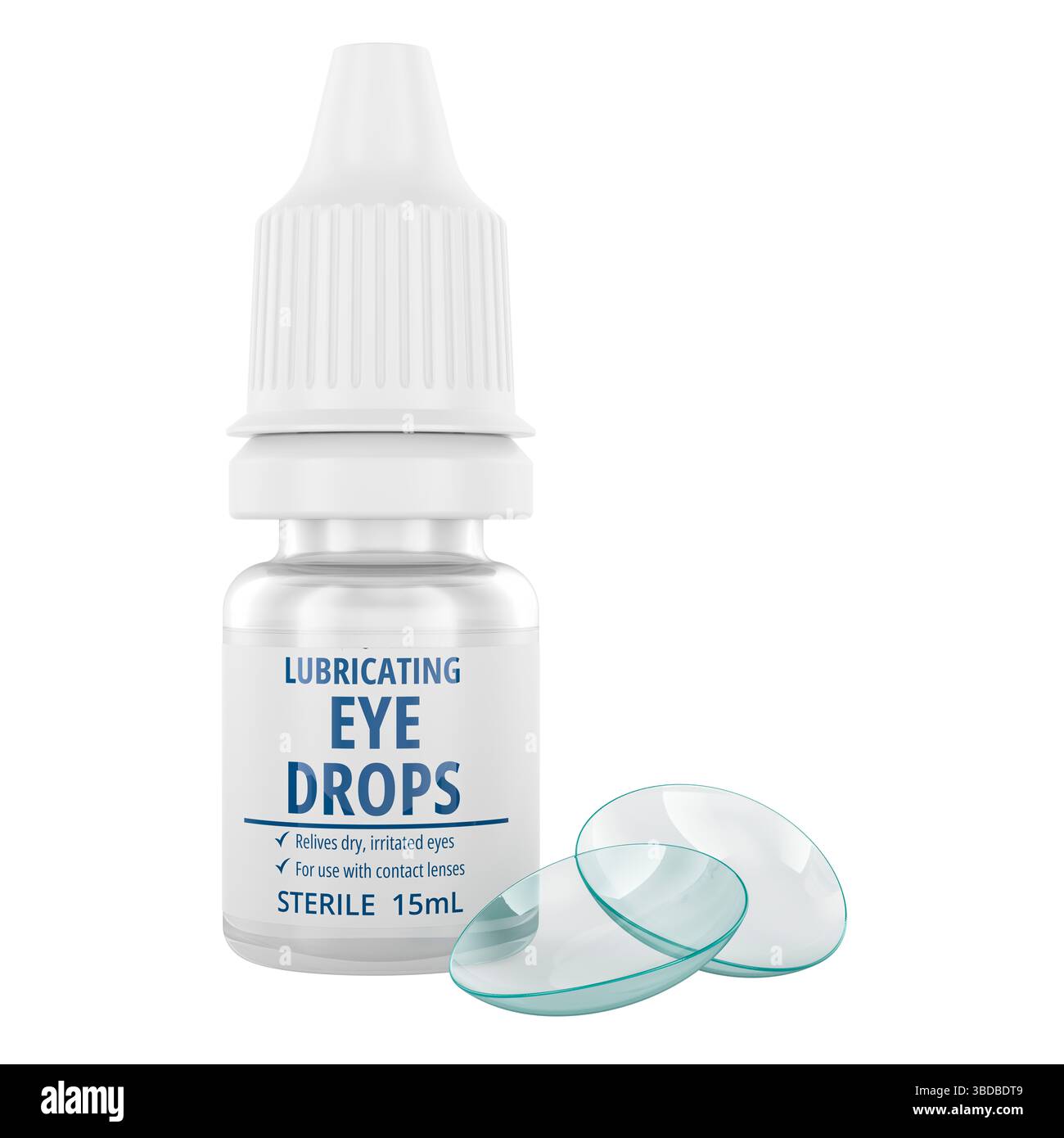 Lubricating eye drops with contact lenses, 3D rendering isolated on ...