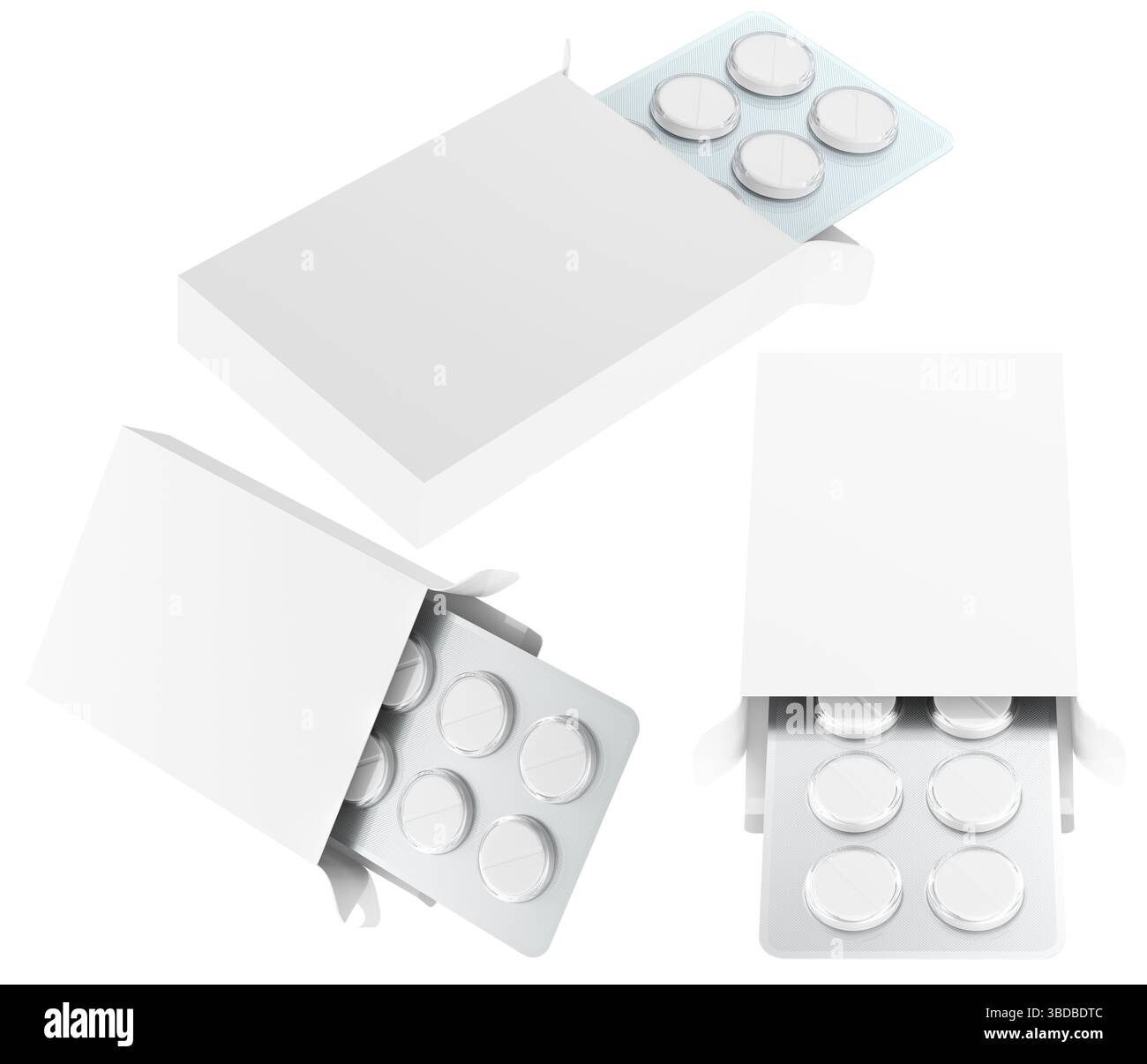 Blister packs with round white tablets inside packaging box. Mockup ...