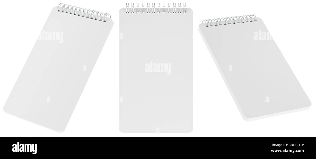 Spiral notebooks mockup set, front and angled views. 3D rendering isolated on white background ...